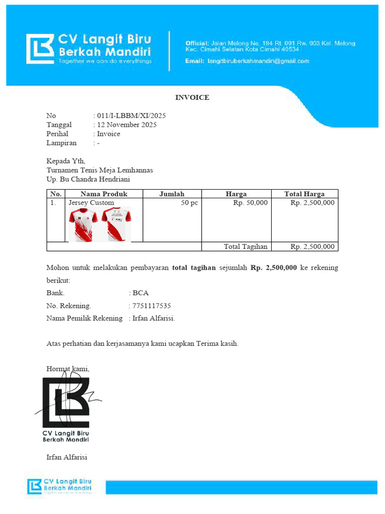Invoice Langit Biru - Jersey Turnamen Tenis Meja Hari Pahlawan | PDF