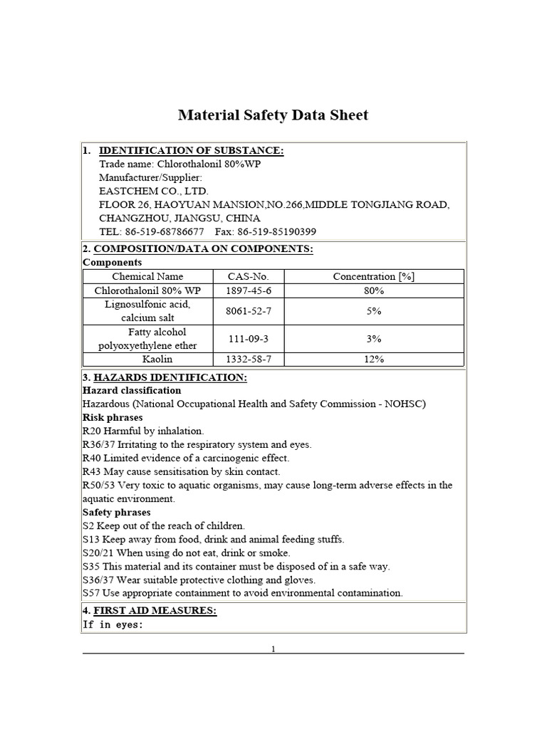 Chlorothalonil 80% WP Safety Data Sheet | PDF | Toxicity | Water