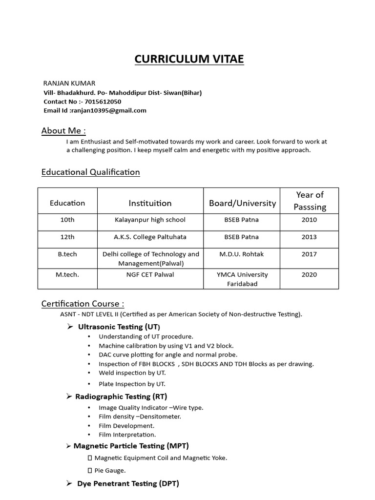 Ranjan Kumar's Professional CV | PDF | Nondestructive Testing ...