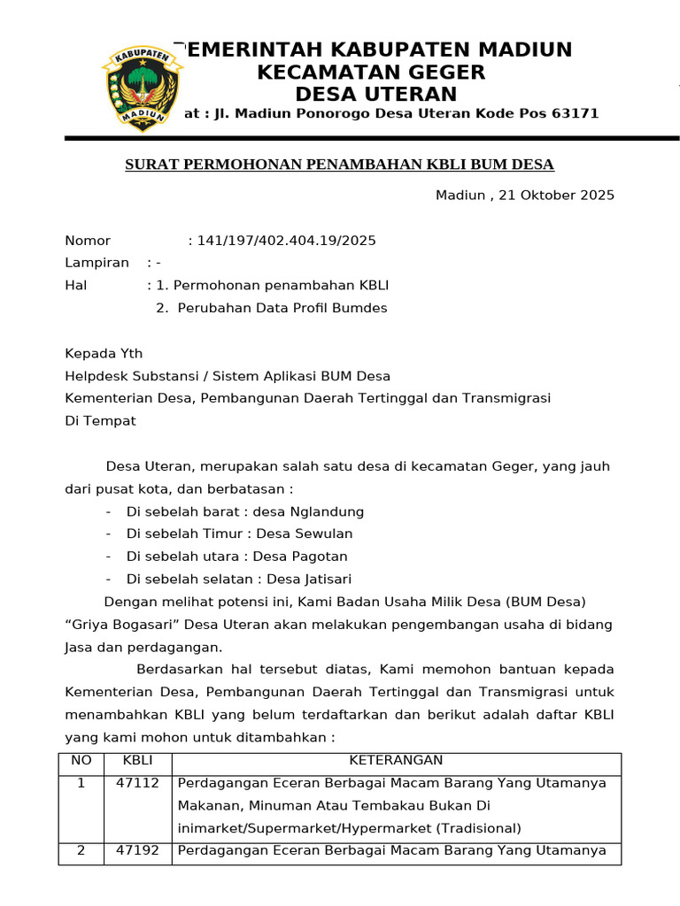 Format Surat Permohonan Perubahan KBLI, Data Profil Dan Struktur Organisasi BUM Desa Wijaya ...