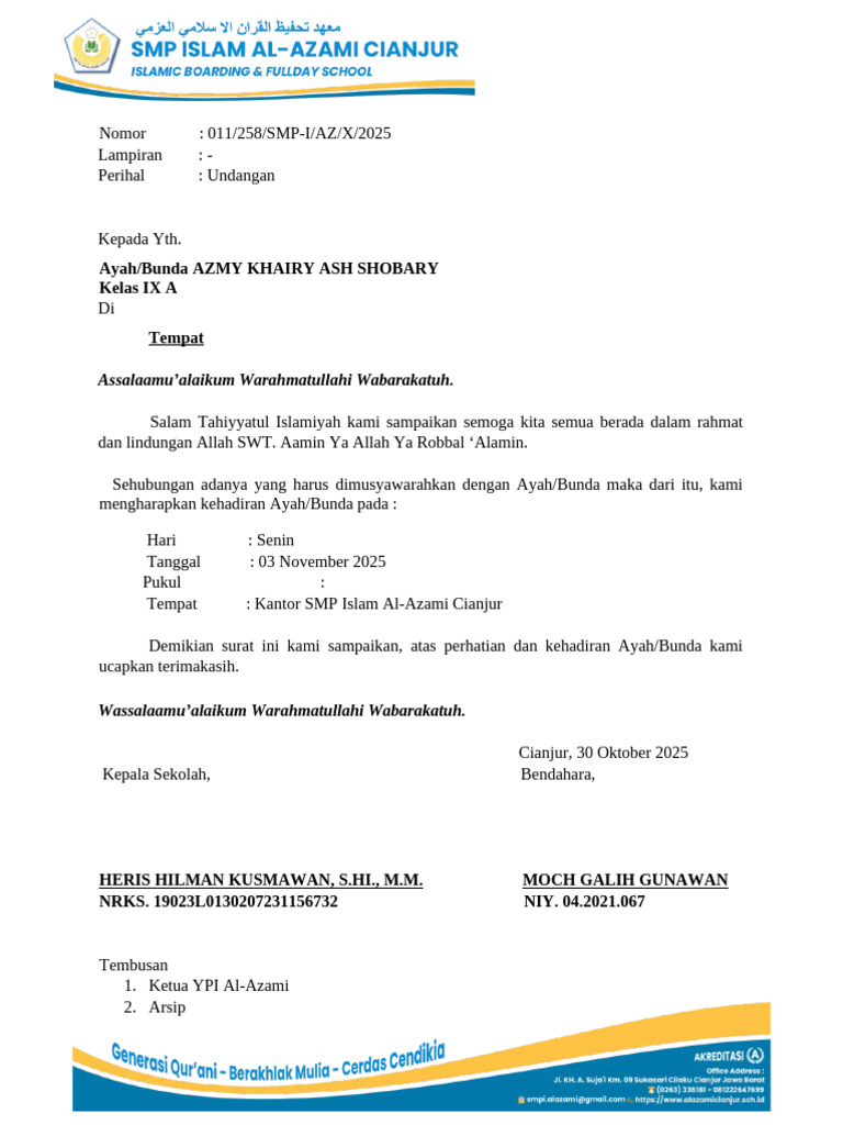 Surat Undangan Orang Tua Azmy Khairy Ix A | PDF
