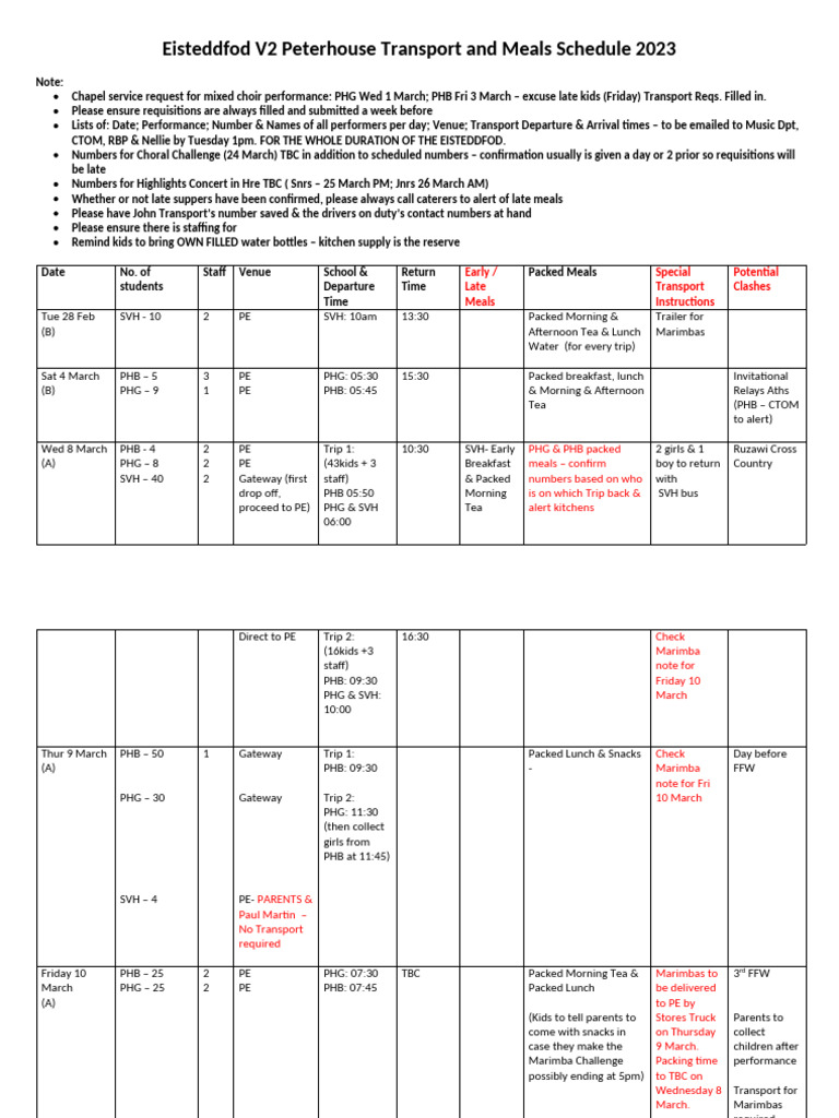 Eisteddfod V2 2023 Master Schedule | PDF | Meal | Eating Behaviors Of ...