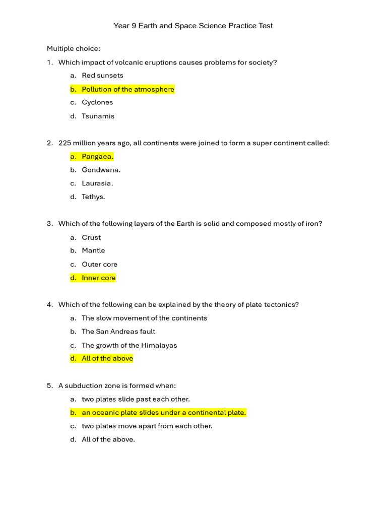 Year 9 Earth and Space Science Test | PDF | Plate Tectonics | Volcano