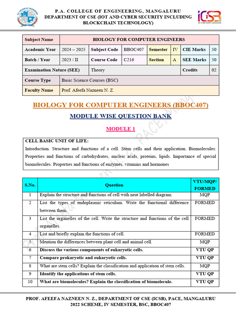 BCE Module Wise Question Bank | PDF | Cell (Biology) | Biomolecules