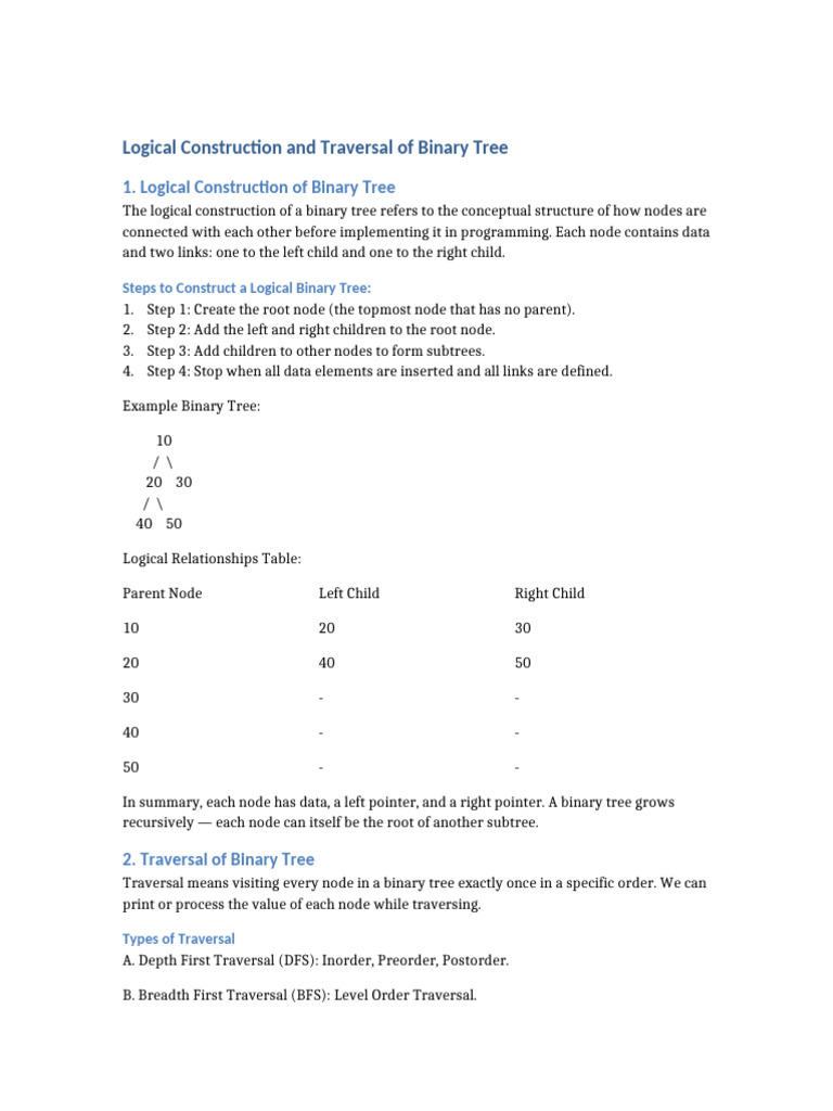 Binary Tree Construction and Traversal Guide | PDF