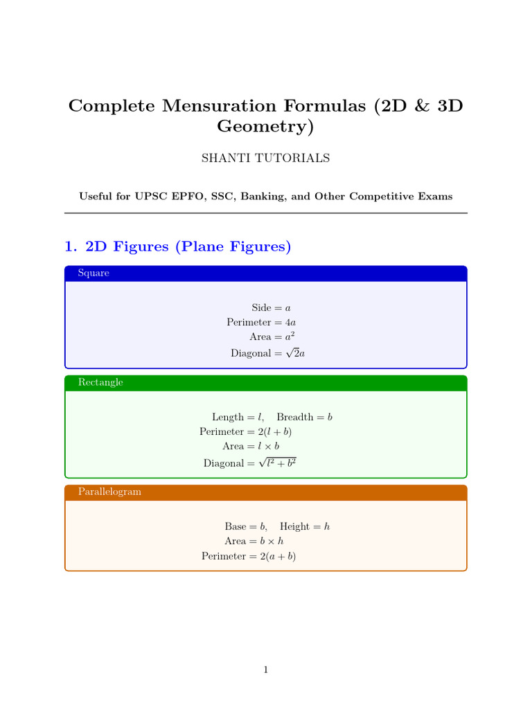 Essential Mensuration Formulas Guide | PDF | Area | Geometric Measurement