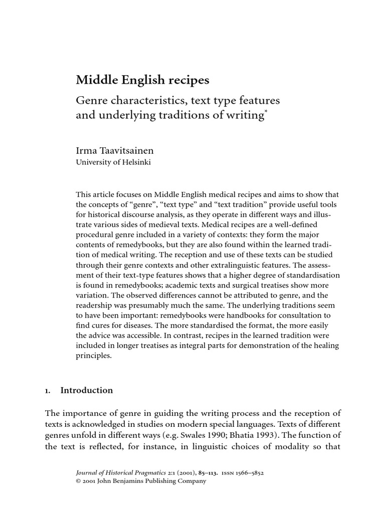 Middle English Recipes Genre Characteristics, Text Type Features and ...