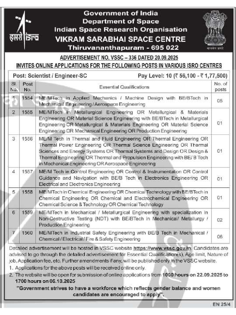 Isro VSSC Recruitment 2025 Scientist Engineer SC | PDF
