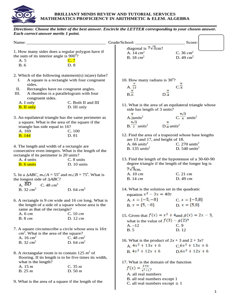 Math Proficiency Test: Arithmetic & Algebra | PDF | Area | Number Theory