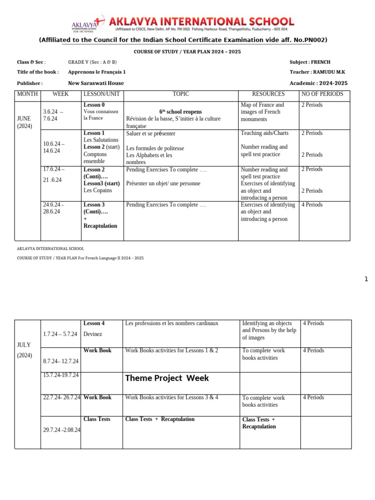 Grade V French Year Plan 2024-2025 | PDF | Linguistic Morphology | Syntax