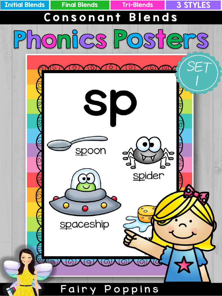 Poster Set 1D - Blends - Black Font, Primary Rainbow Borders | PDF