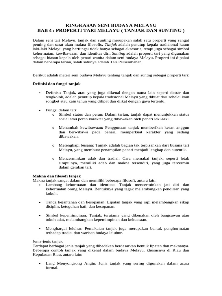 Ringkasan Seni Budaya Melayu Bab 4. Properti Tari (Tanjak Dan Sunting ...