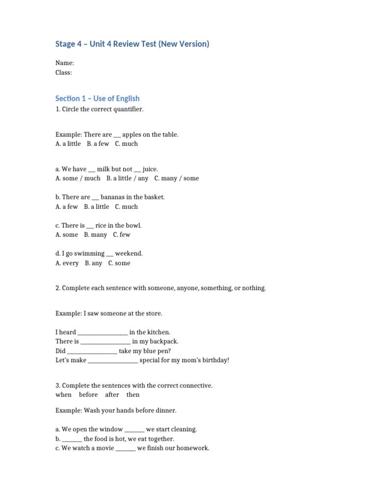 Stage 4 Unit 4 Review Test | PDF | Pancake | Foods