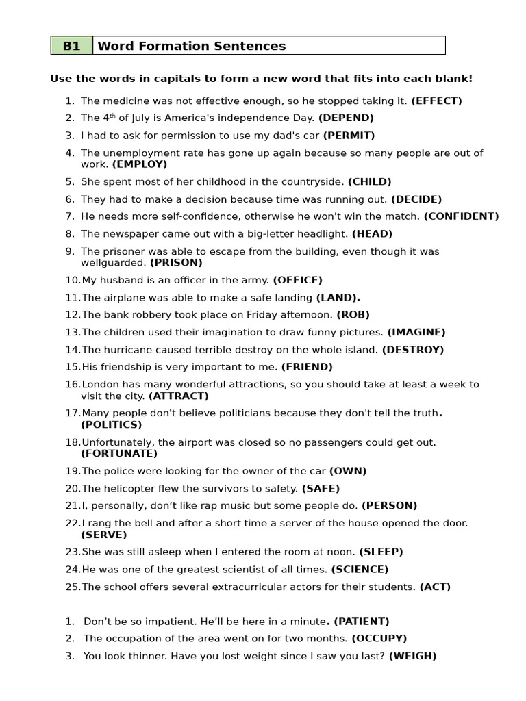 Practice Word Formation Sentences | PDF