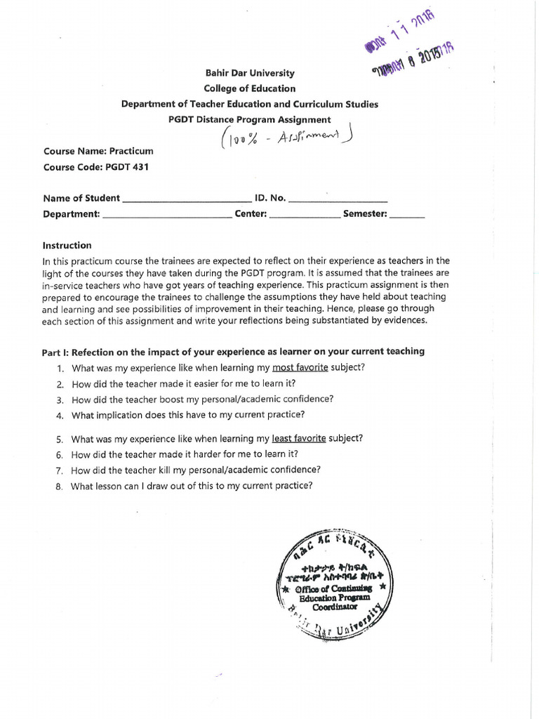Practicum. Assignment PGDT 431 | PDF