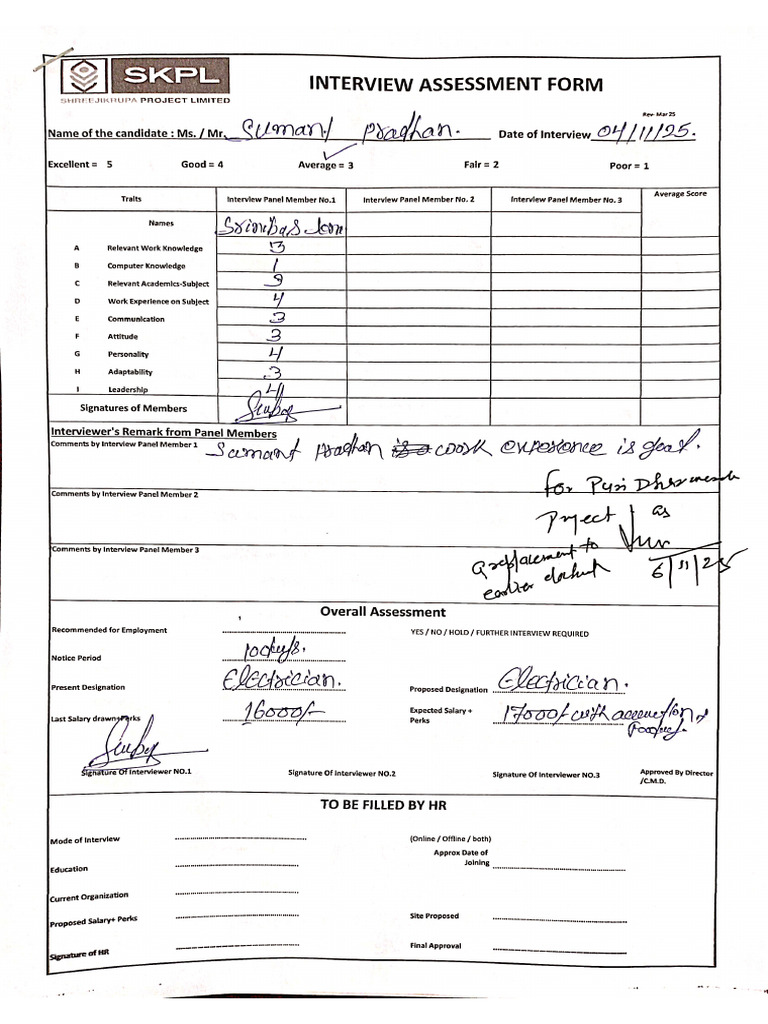 Interview Assessment Form - Sumant Pradhan | PDF
