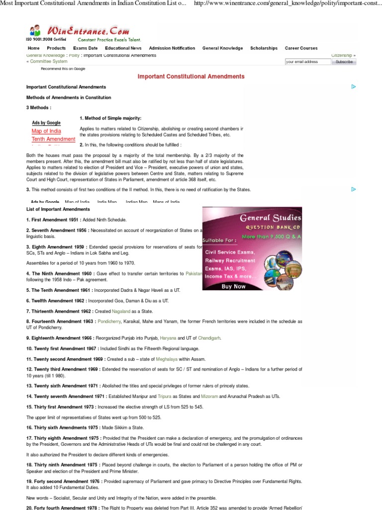 Most Important Constitutional Amendments in Indian Constitution List of ...