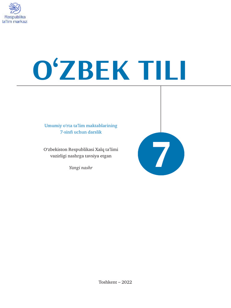 7-Sinf O'Zbek Tili Yangi Darslik Kitob | PDF