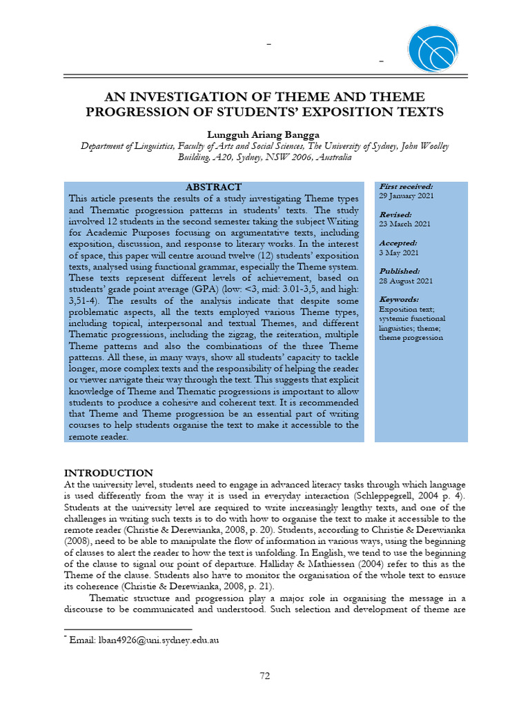 Theme Progression in Student Exposition Texts | PDF | Cognitive Science ...