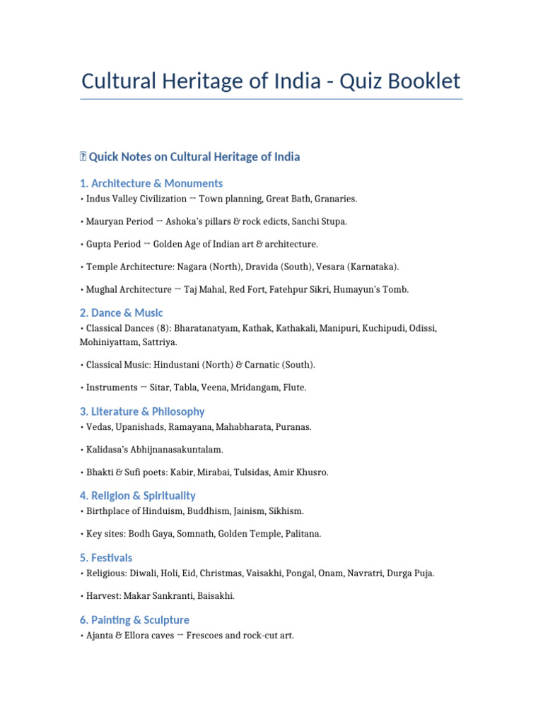 Cultural Heritage Quiz Booklet | PDF