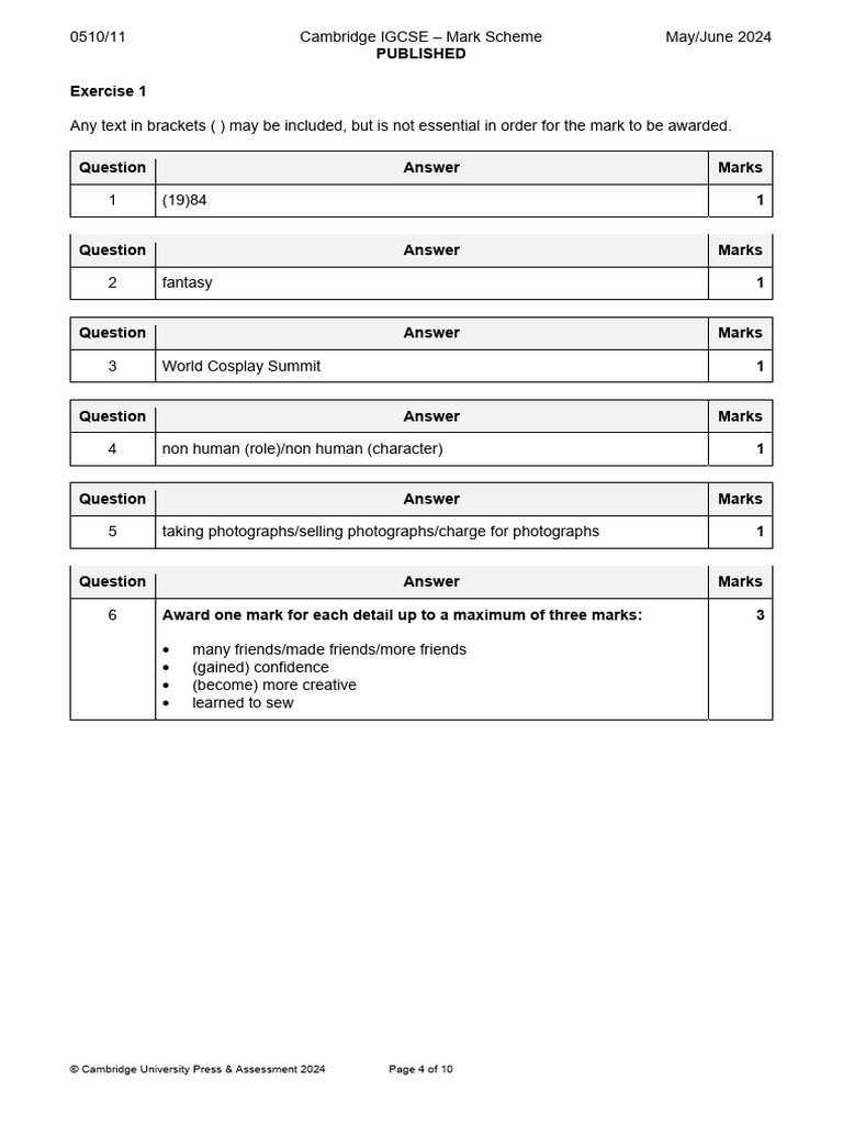 Cambridge IGCSE Mark Scheme 2024 | PDF | Student Assessment And Evaluation