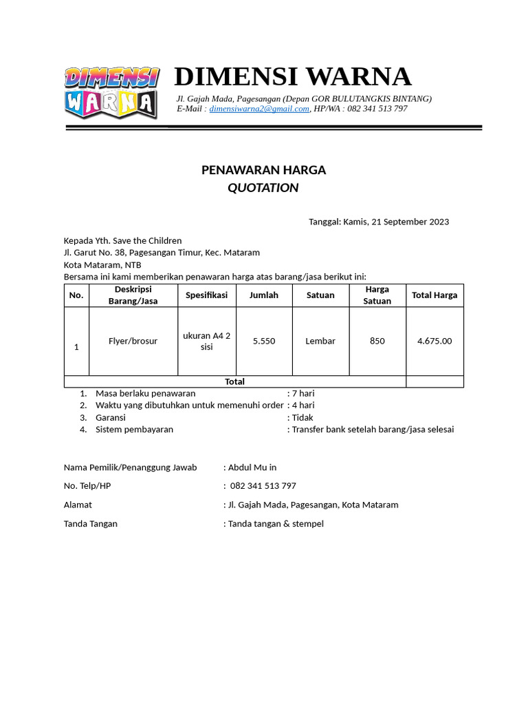 Format Penawaran Harga Atau Quotation | PDF