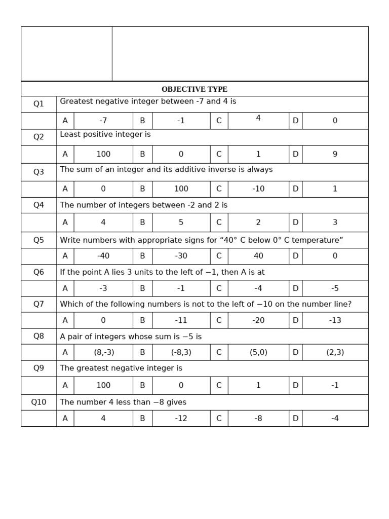Integers Class 6-1 | PDF | Integer | Mathematics