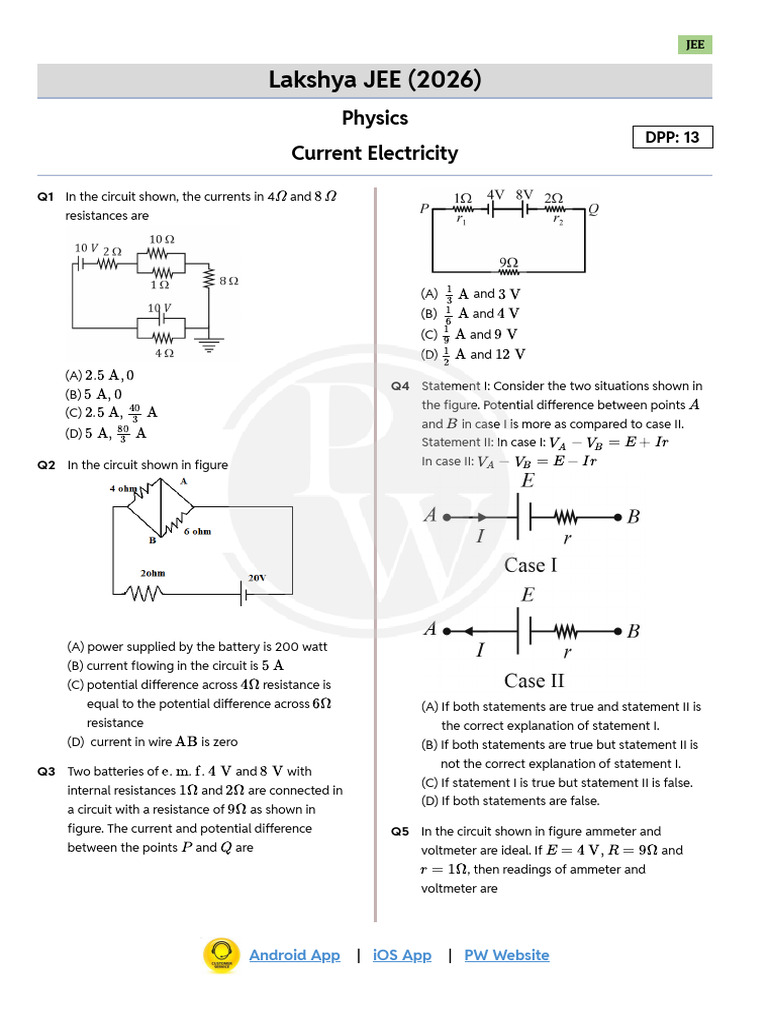 Current Electricity DPP 13 (of Lec 15) Lakshya JEE 2026 | PDF | Voltage | Physical Phenomena