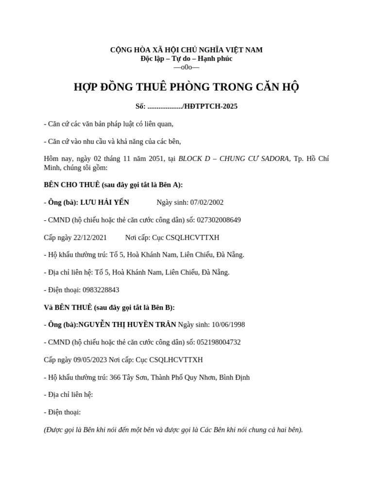 Mau Hop Dong Cho Thue Can Ho Chung Cu Moi Nhat | PDF