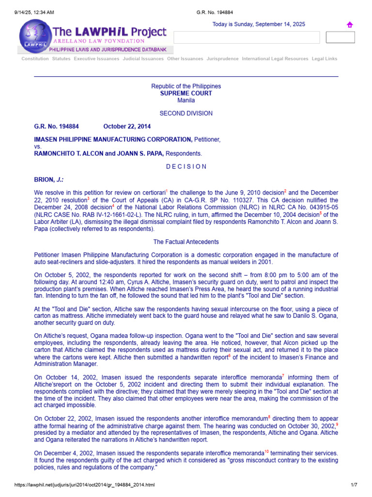 Imasen Phil Vs Alcon G.R. No. 194884 | PDF | Employment | Labour Law