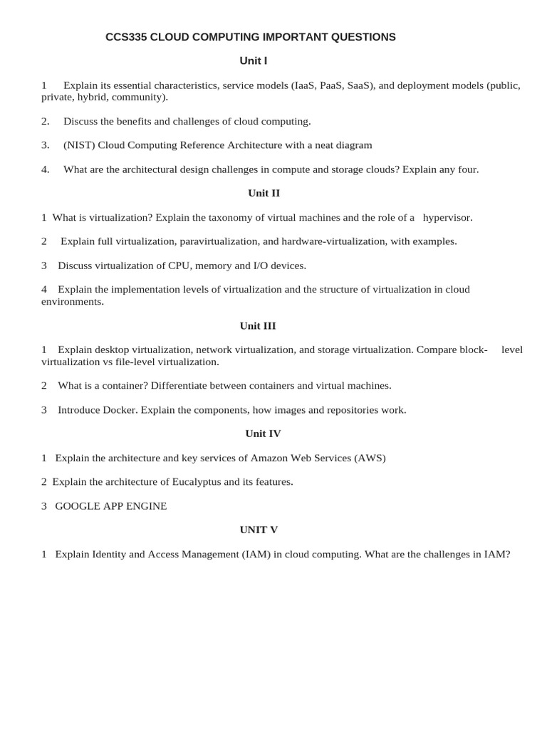 Ccs335 Cloud Computing Important Questions | PDF