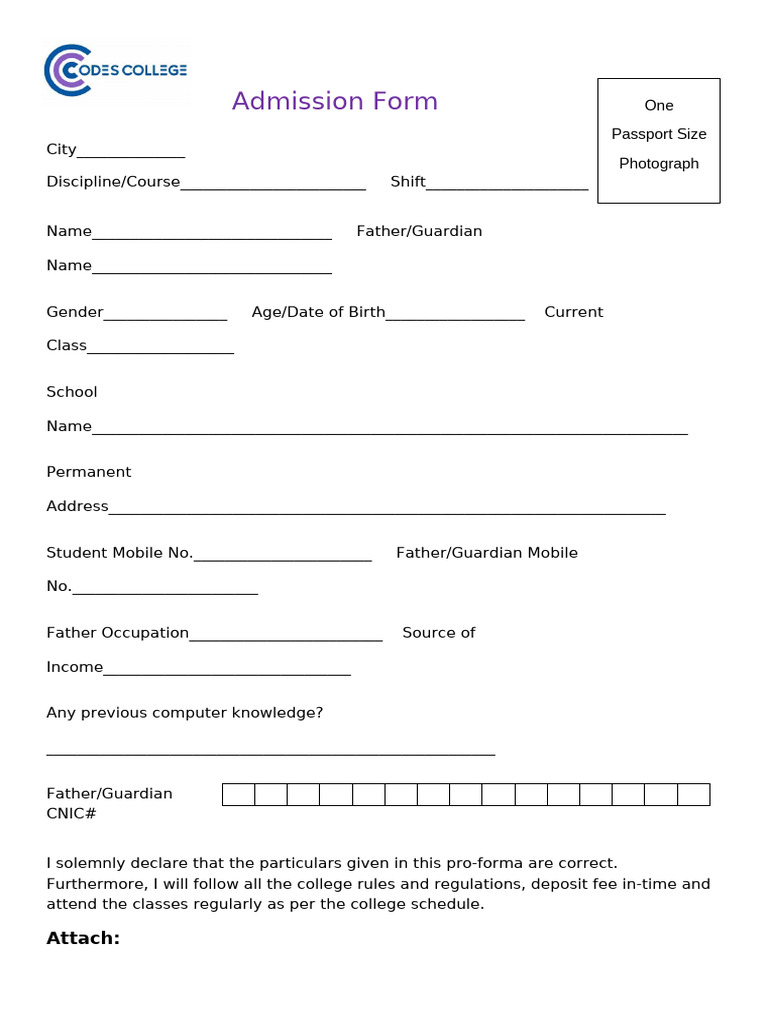 Admission Form Codes College | PDF