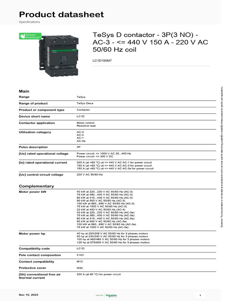 TeSys D Contactor LC1D150M7 Datasheet | PDF