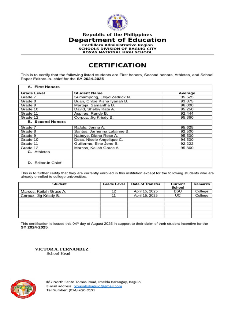 CERTIFICATION-OF-HONOR-STUDENTS_SY24-25revised1 | PDF | Philippines