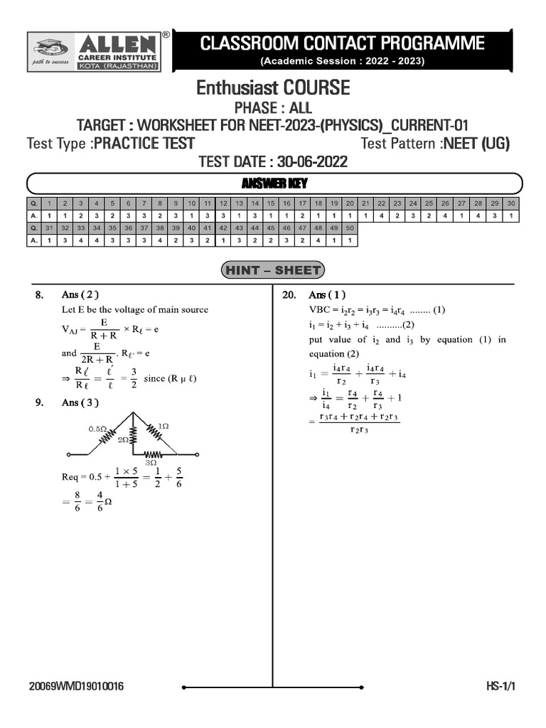 Worksheet For Neet-2023 - (Physics) - Current-01 - Key & Sol | PDF