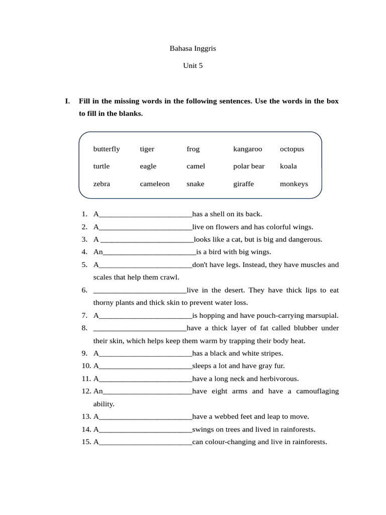 Soal English Grade 4 Unit 5 | PDF | Organisms | Zoology
