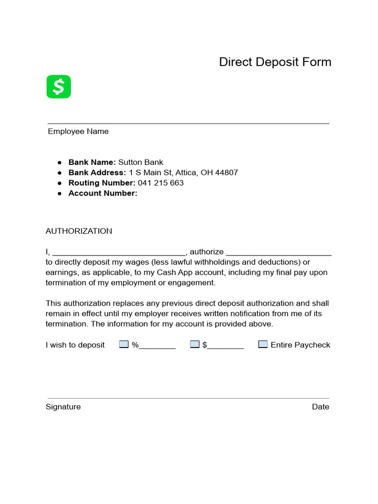 Cash App Direct Deposit Form | PDF