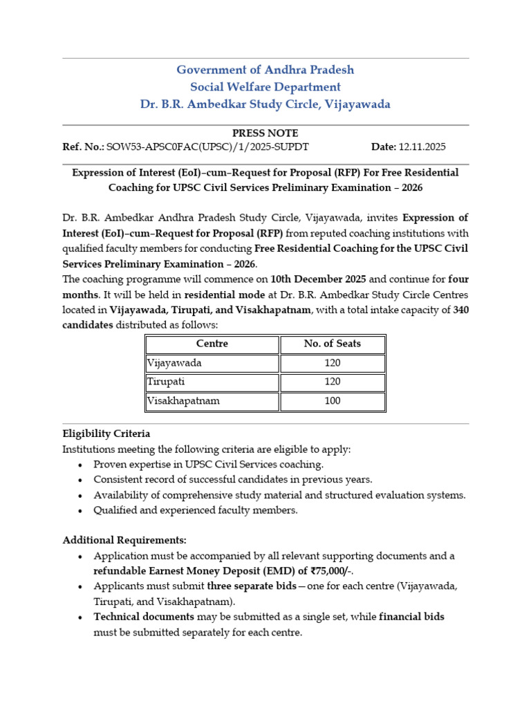 Press Note Inviting RFP - Study Circle | PDF