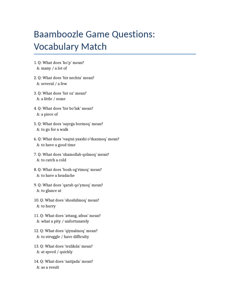 Baamboozle Vocabulary Game | PDF