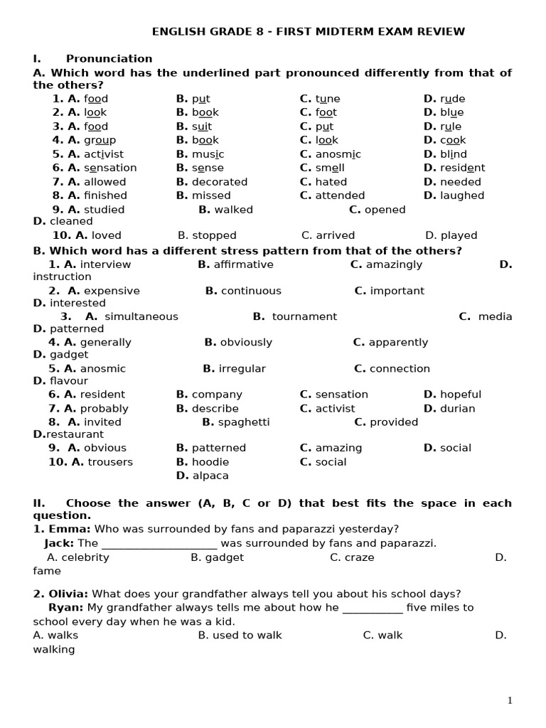 Grade 8 English Midterm Exam Review | PDF