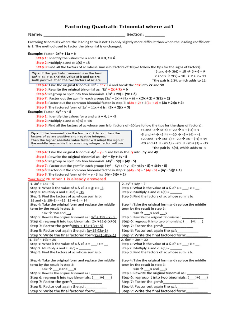 Factoring Quadratic Trinomial A Not 1 | PDF | Number Theory | Mathematics