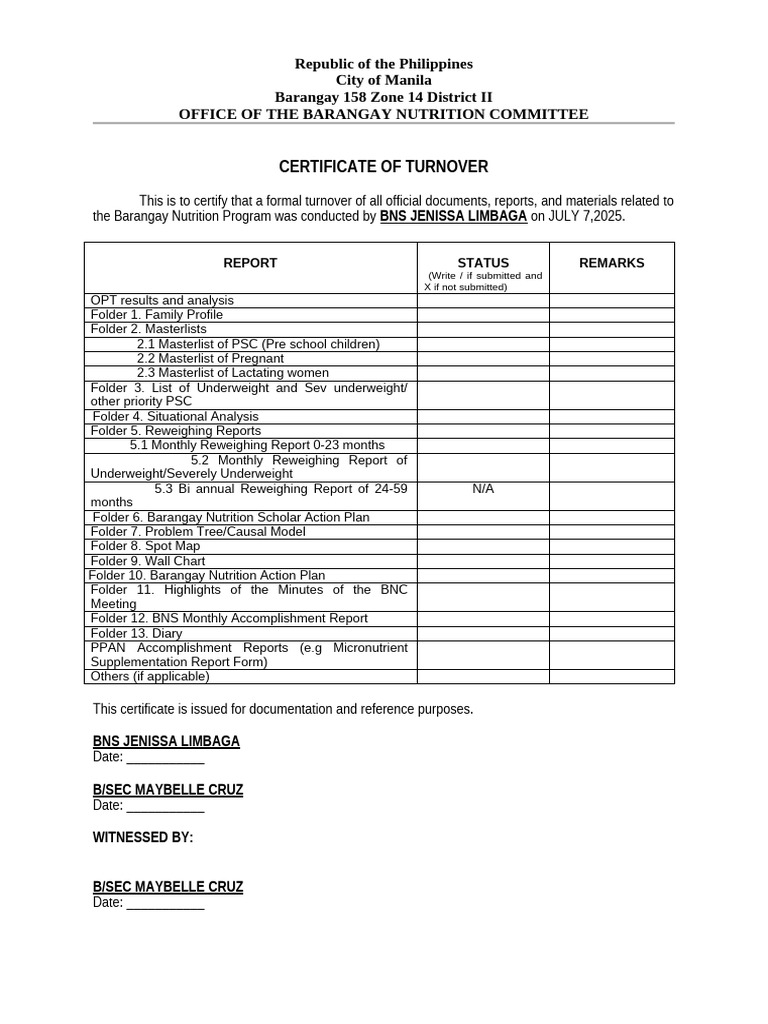 Barangay Nutrition Program Turnover Certificate | PDF