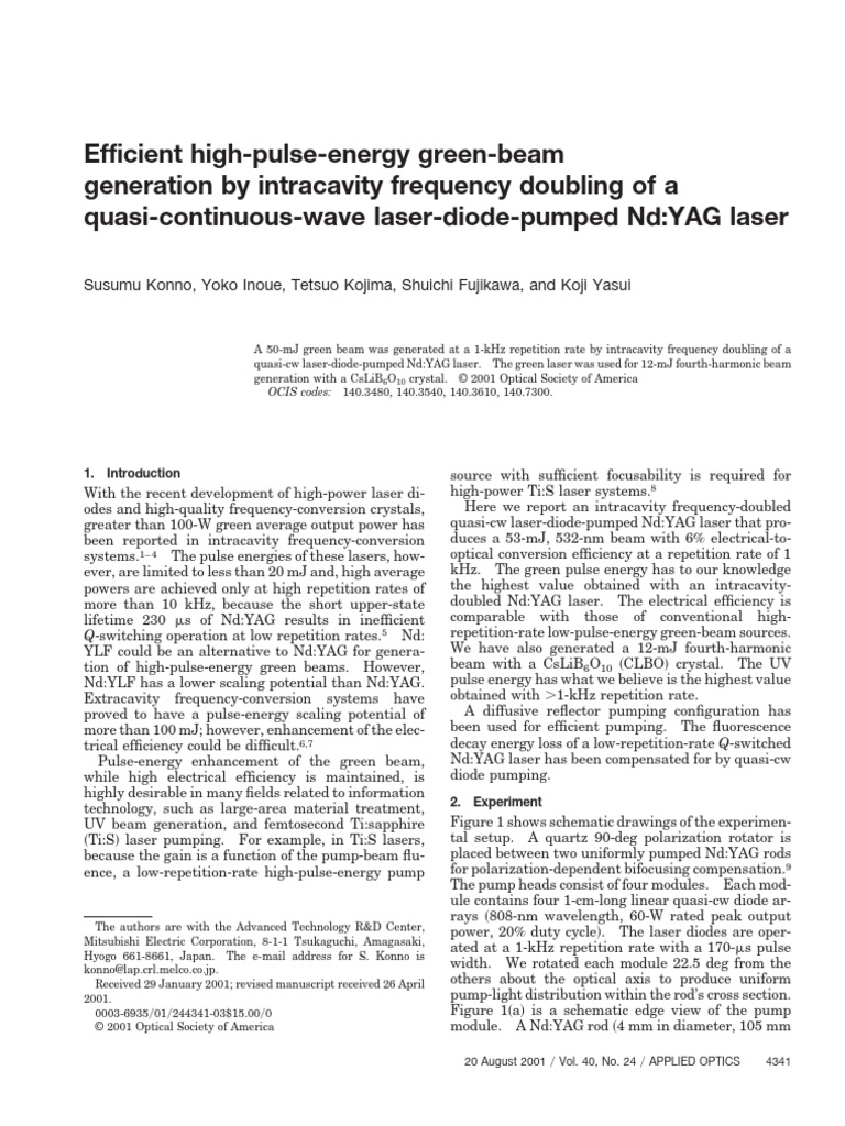 Efficient high-pulse-energy green-beam generation by intracavity frequency doubling of a quasi ...
