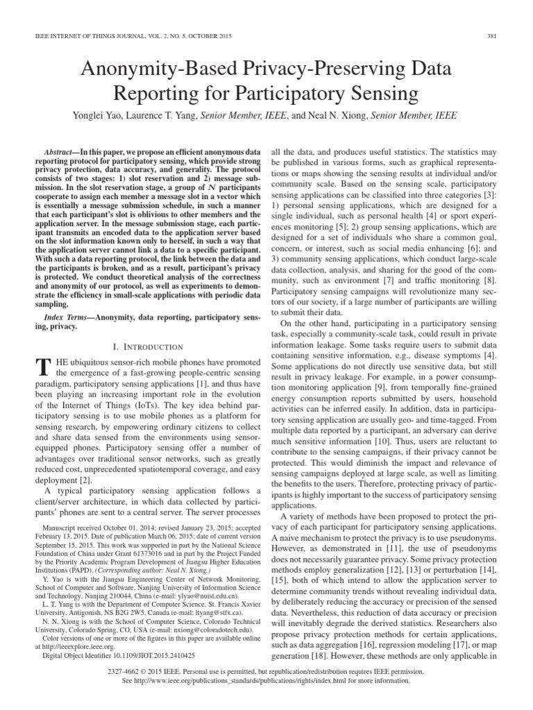 Anonymity-Based Privacy-Preserving Data Reporting For Participatory ...