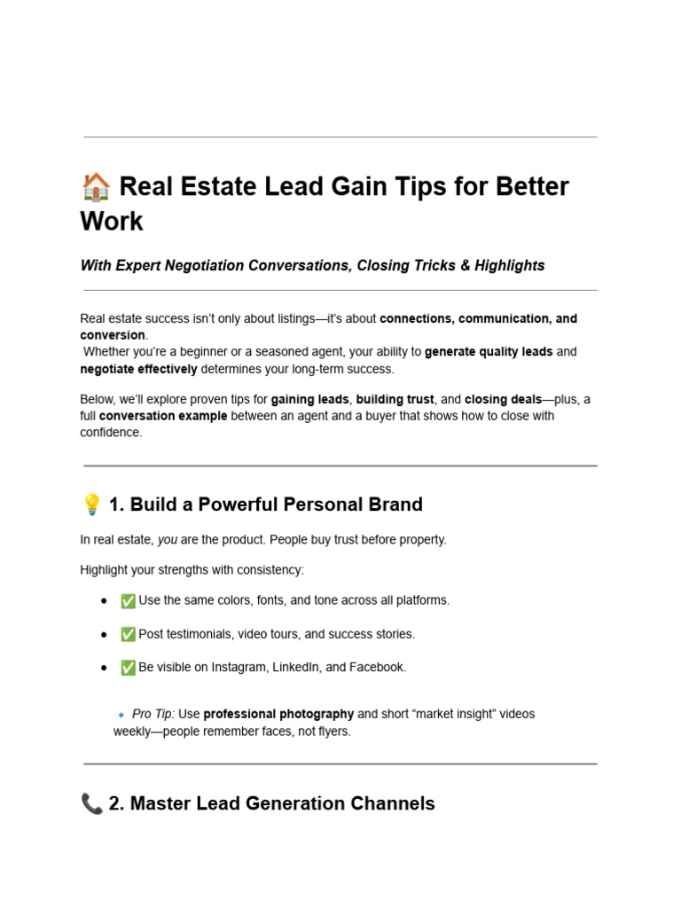 ? Real Estate Lead Gain Tips For Better Work | PDF