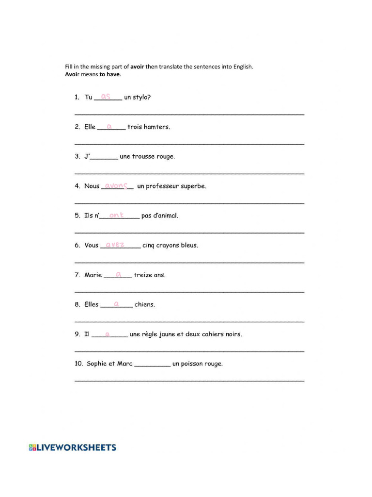 Avoir Worksheet | PDF