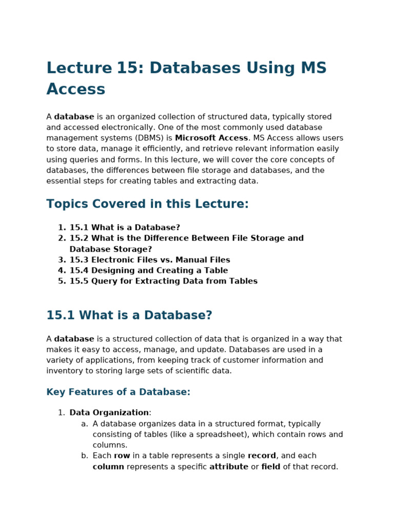 Lecture 15 - Databases Using MS Access | PDF | Databases | Microsoft Access