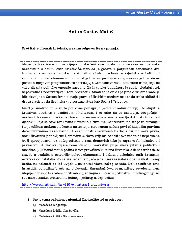Antun Gustav Matoš - Biografija (RL) | PDF