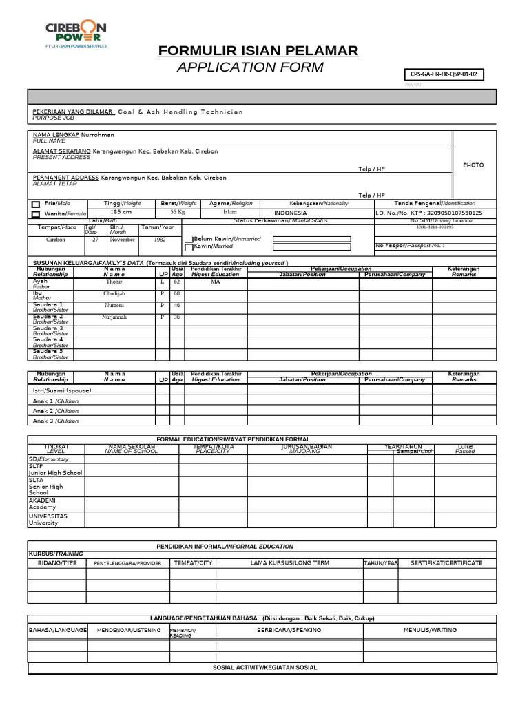 CPS GA HR FR QSP 01 02 Formulir Isian Pelamar (Application Form) ISO | PDF