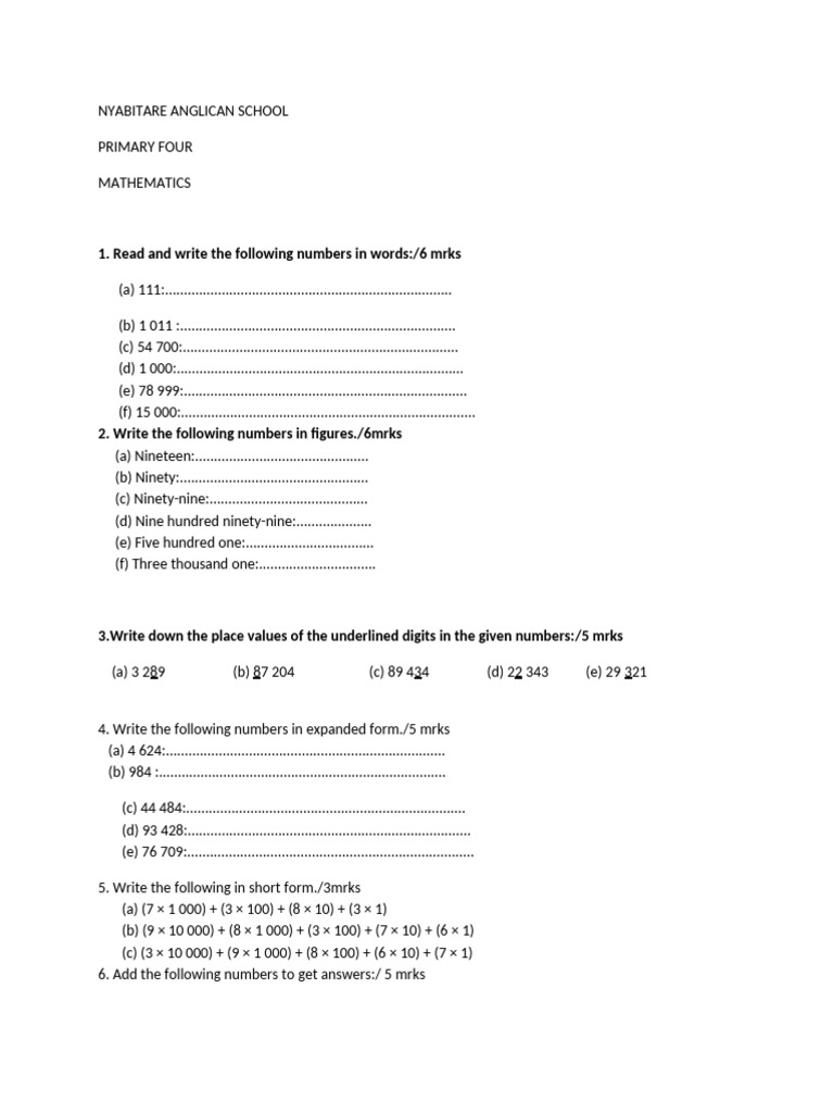 Primary Four Mathematics Exercises | PDF | Discrete Mathematics ...